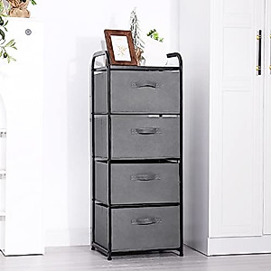 MAX Houser 4 Drawer Fabric Dresser Tall Storage Tower, Dresser Chest with Wood Top, Vertical Nightstand Side Organizer Unit with Metal Frame for Closets Bedroom Nursery Room Hallway(Leaden)
