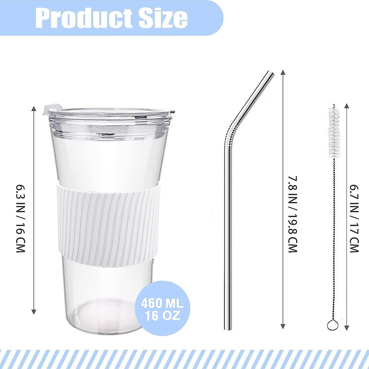 2 pcs Iced Coffee Cups with Lids, 16 oz Glass Cups with Lids and Straws, Reusable Tumbler with Silicone Sleeve, Wide Mouth Can Shaped Drinking Glasses for Coffee Juice Water Smoothie (White)