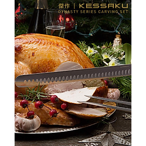 KESSAKU 12-Inch Carving Slicing Knife & 7-Inch Meat Fork Set - Dynasty Series - Forged ThyssenKrupp German HC Steel Granton Edge - G10 Resin Full Tang Handle with Blade Guard