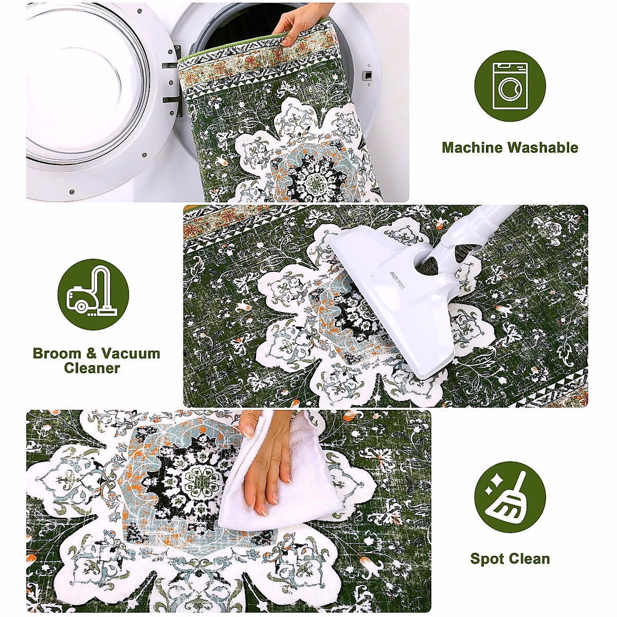 Ileading Bohemian Vintage Small Area Rug,Machine Washable Low-Pile Entrance Door Mat, Non-Slip Entryway Runner Rug, Non-Shedding Inside Welcome Mat for Hallway Kitchen Pets (Green 2x3ft)