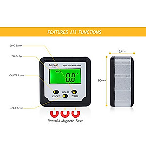 Digital Angle Finder by TickTockTools - Magnetic Mini Level and Bevel Gauge - Woodworking with Table or Miter Saw - Inclinometer - Precise Measurement Tool with LCD and Backlight - 180 Degree Rotation