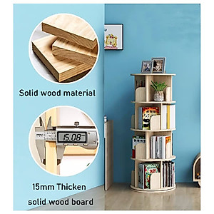 MYOYAY 4-Tier Solid Wood Bookshelf Floor Standing Bookcase 360° Rotation Book Storage Cabinet Magazines Potted Plants Display Stand Holds Up to 200 Books Study Office Home Decoration