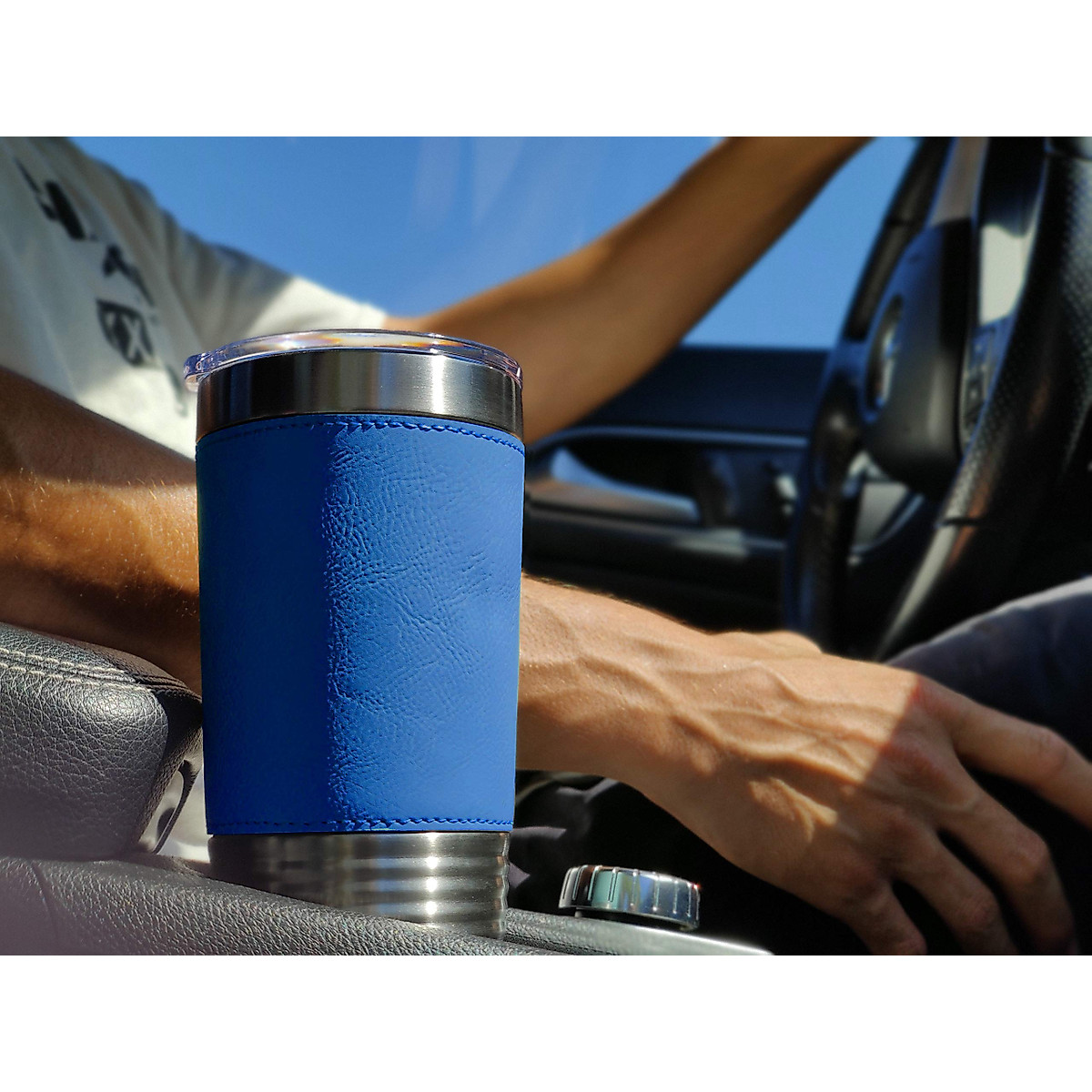 LaserGram 20oz Vacuum Insulated Tumbler Mug, Helicopter 2, Personalized Engraving Included (Faux Leather, Blue)