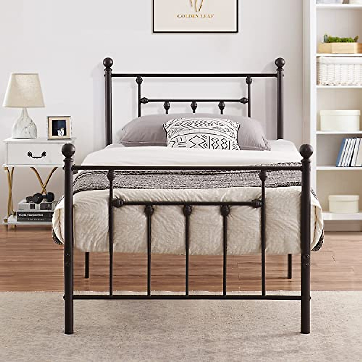VECELO Twin Size Metal Platform Bed Frame with Headboard and Footboard, Heavy Duty Slat Support/No Box Spring Needed Mattress Foundation/Underbed Storage Space, Victorian Style, Black