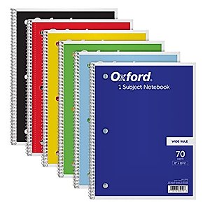 Oxford Spiral Notebook 6 Pack, 1 Subject, Wide Ruled Paper, 8 x 10-1/2 Inch, Blue, Yellow, Red, Light Blue, Green and Black, 70 Sheets (65010)