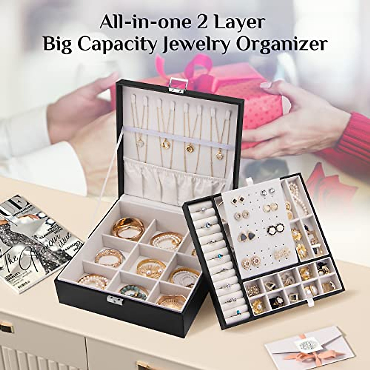 Jewelry Box for Women, 2 Layers Jewelry Organizer with Lock, Large Jewelry Boxes Jewelry Case for Storing Earrings Rings Necklaces Bracelets PU Leather & Soft Velvet Lined, Girls Wife Ideal Gift