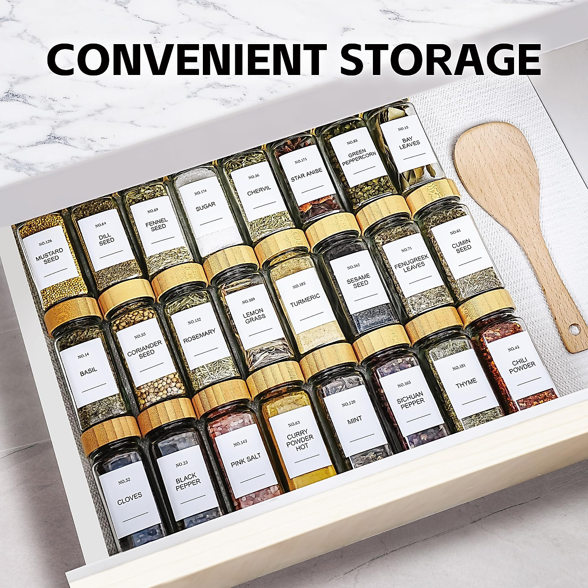 Miuyhji Spice Jars, 24 Pcs 4oz Spice Jars with Label, Glass Jars with Bamboo Lids, Spice Containers Bottles with Pepper Grinder & Stainless Steel Funnel for Seasoning Organizer, Cabinet, Drawer