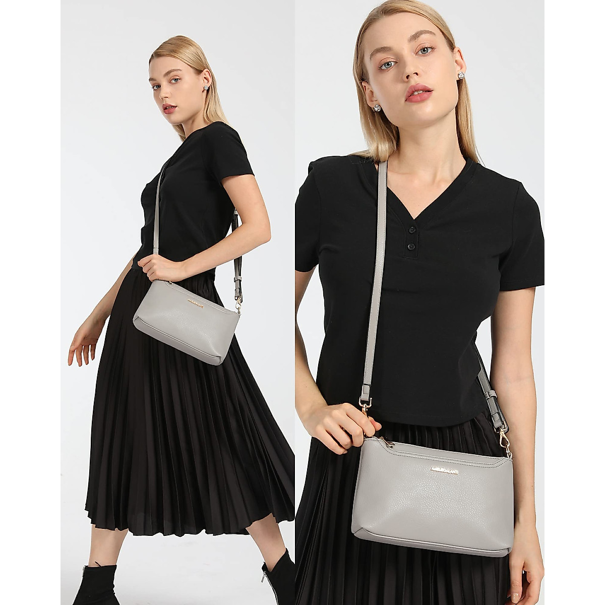 AMELIE GALANTI Small Medium Size Crossbody Bag purse for Women,leather Shoulder handbag with Adjustable Strap (GREY)