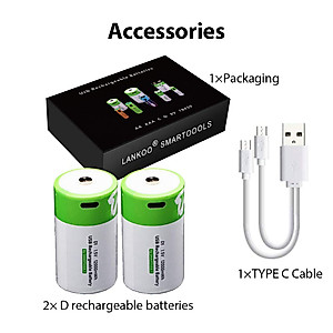 Rechargeable D Batteries 1.5V 12000mWh USB Lithium ion Rechargeable D Battery with USB Type C Charging Cable, High Capacity Fast Charge, 1200 Cycles Constant Output, Over-Charge Protection,2-Pack