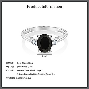 Gem Stone King 10K White Gold Black Onyx and White Created Sapphire 3 Stone Engagement Ring For Women (1.35 Cttw, Gemstone Birthstone, Available In Size 5, 6, 7, 8, 9)