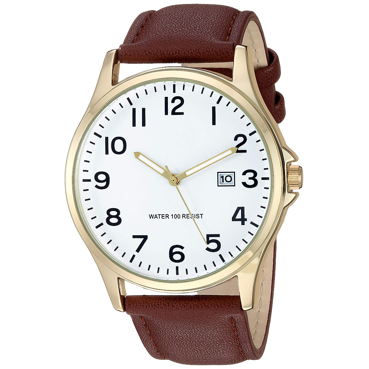 Amazon Essentials Men's Easy to Read Strap Watch, Gold-Tone and Brown Strap