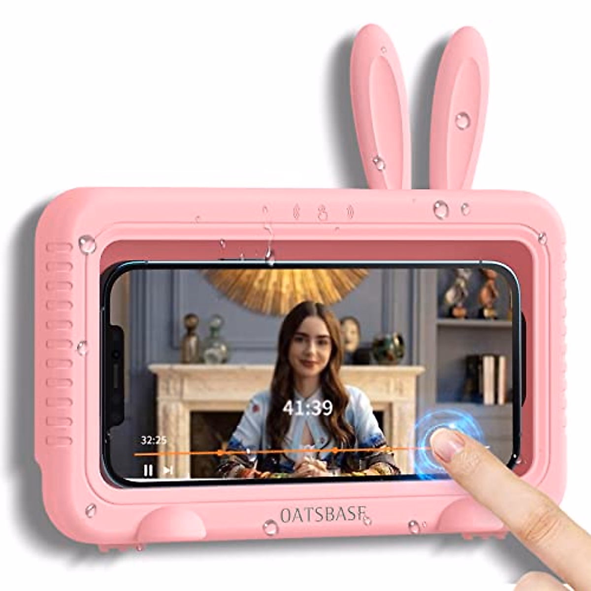 nediea Shower Phone Holder Waterproof, Cute Bunny 360° Rotation Bathroom Phone Case, Strongly 3M Adhesive Wall Mount Phone Holder for Bathroom, Kitchen, Sink, Support up to 6.8" Smartphones (Pink)