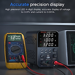 DC Power Supply Variable, 32V 10A Bench Power Supply with Encoder Knob, 4-Digits Display, Adjustable Regulated lab Power Supply with 5V 3.6A USB & Type-C Quick-Charge, Output Switch