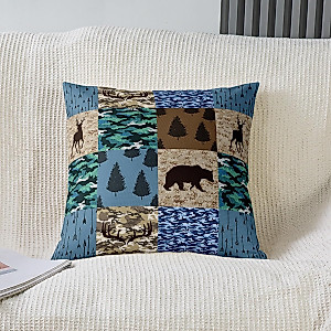 Erosebridal Hunting Animal Throw Pillow Cover 18x18 inch,Woodland Bear Deer Pillow Cover for Boys Kids,Camouflage Arrow Cushion Cover,Jungle Plants Patchwork Accent Pillow Case Waterproof,Blue Brown