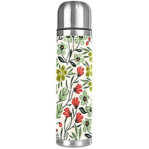 Summer Floral Pattern with Colorful Plants and Flowers Vacuum Insulated Water Bottle Stainless Steel Thermos Flask Travel Mug Coffee Cup Double Walled 17 OZ