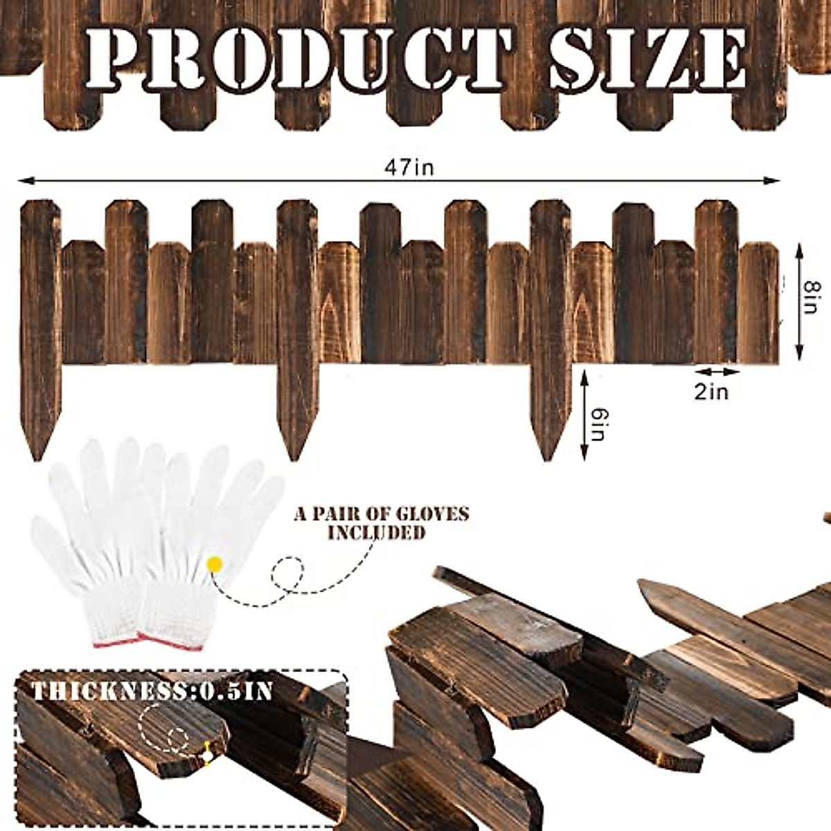 Wood Garden Edging Border with Gloves Garden Wooden Landscape Border Edging for Decorative Spring Garden Yard Patio Pathway Courtyards Tree Fences Outdoor 7.9 x 47 Inches (4 Pcs)