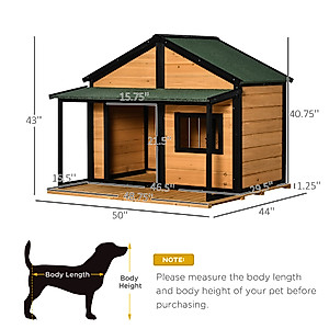 PawHut Outdoor Dog House Cabin Style, Wooden Raised Pet Kennel with Asphalt Roof, Front Door, Side Window, Porch for Medium/Large Dogs, Loading 53 lbs, Yellow