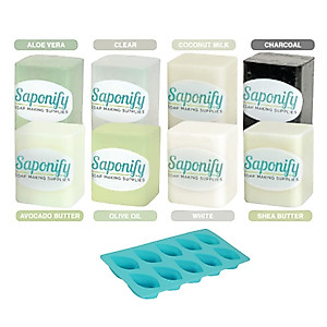 Saponify - Melt and Pour Soap Base Sampler Kit, Silicone Mold, Aloe, Clear, Coconut Milk, Charcoal, Avocado Butter, Olive Oil, White and Shea Butter, 1Lb Each, Variety Pack 1