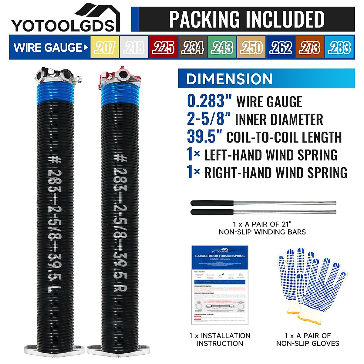 YoToolGDS Pair of 2 5/8" Garage Door Torsion Springs Set with Non-Slip Winding Bars&Gloves, Precision Electrophoresis Oil-Free Black Coated for Replacement, MIN 16,000 Cycles (0.283 x 2-5/8" x 39.5'')