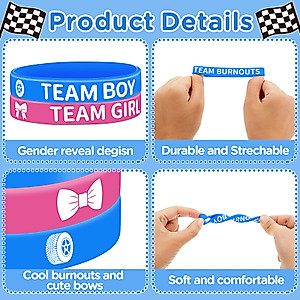 48 Pcs Burnouts or Bows Gender Reveal Silicone Wristbands Team Boy Team Girl Bracelets Gender Reveal Bracelets for Baby Shower Gender Reveal Party Favors, Blue and Pink
