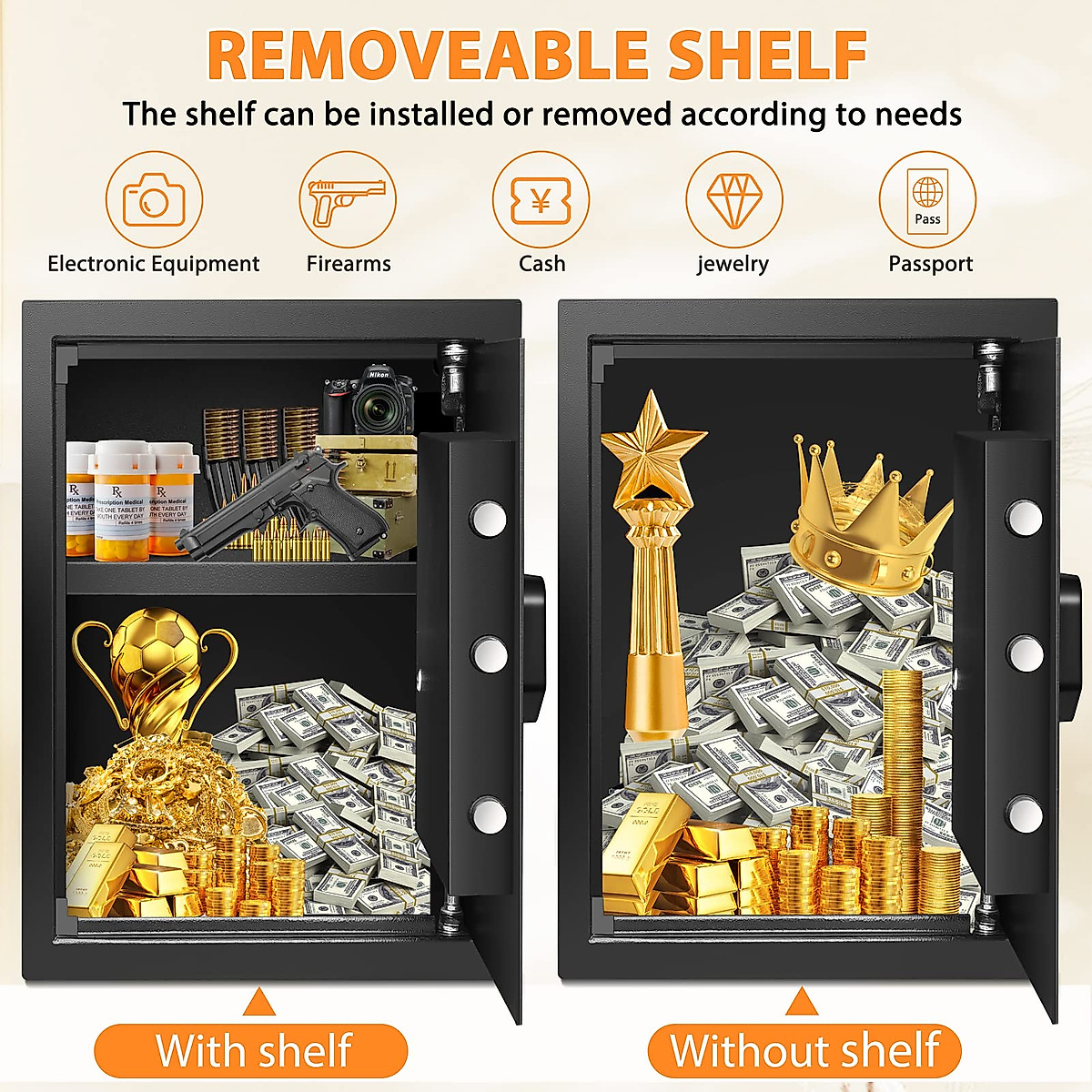 2.5 Cu ft Large Home Safe Fireproof Waterproof, Fireproof Safe with Fireproof Waterproof Document Bag, Combination Lock and Removable Shelf, Fire Safe Box for Home Important Documents Valuables