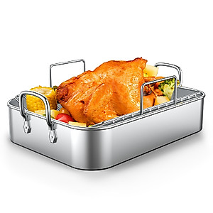 Roasting Pan, Deedro 17*13 Inch Stainless Steel Turkey Roaster with Rack - Deep Broiling Pan & V-shaped Rack & Flat Rack, Non-toxic & Heavy Duty, Great for Thanksgiving Christmas Roast Chicken Lasagna
