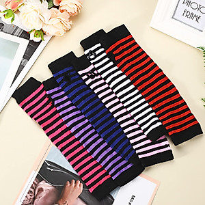 SATINIOR 6 Pairs Long Fingerless Gloves for Women Knit Thigh High Striped Arm Warmer Thumb Hole Stretchy Gloves(Bright Color)