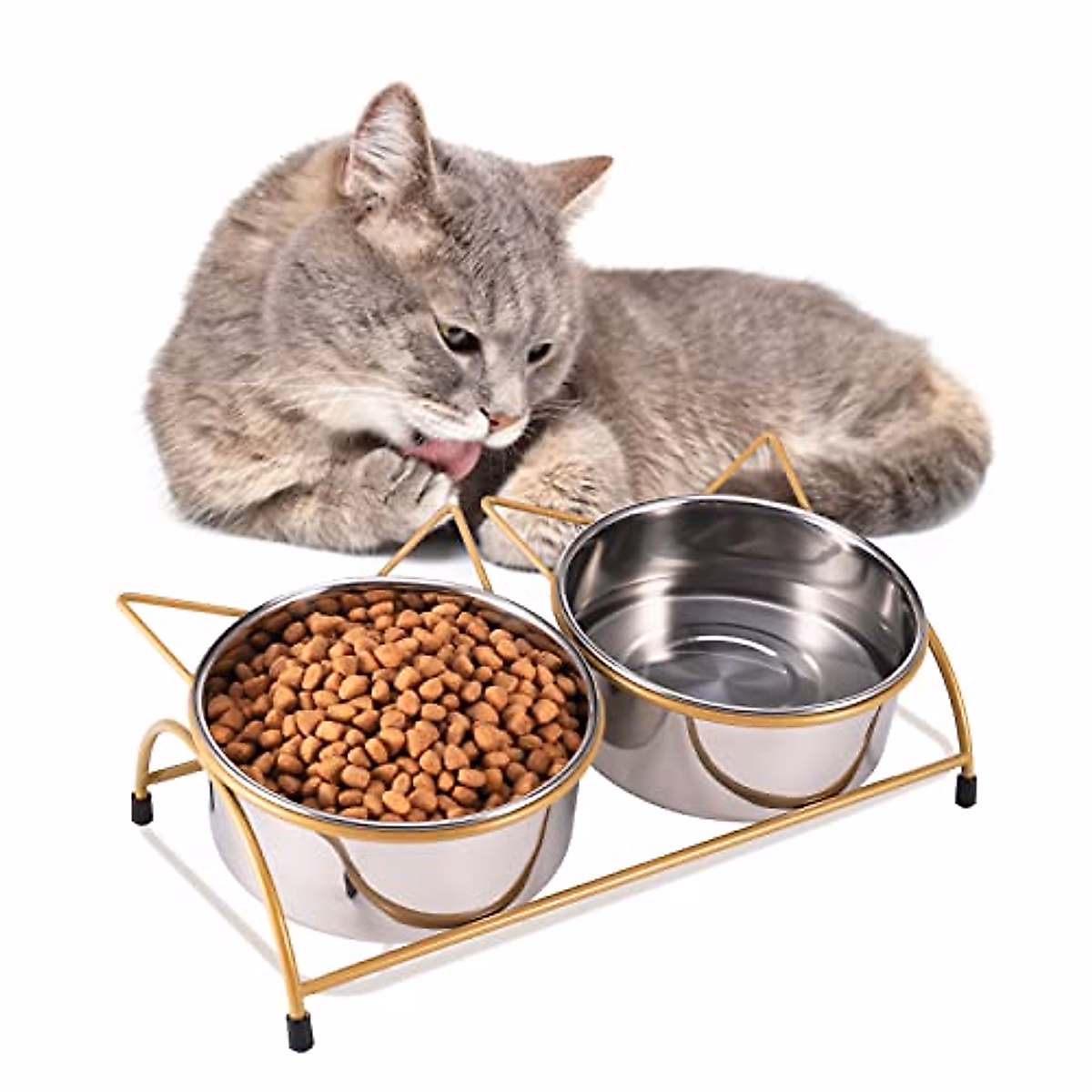 Trosetry Raised Cat Bowls, Double Stainless Steel Cat Food Bowls Non-Slip Elevated Pet Feeder with 15°Tilted Neck Protective Bowl for Puppy Cats and Small Dogs Food and Water Feeding