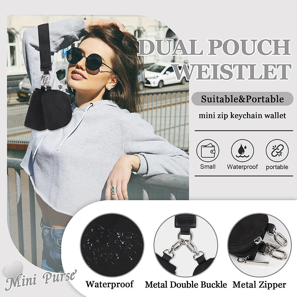 Mini Zip Around Wristlet Wallet for Women, Small Keychain Wallet Dual Pouch Portable Detachable Coin Purse Card Holder, Mini Pocket Key Chain Wristlet Wallet Ideal Birthday Gift(Pink+White)