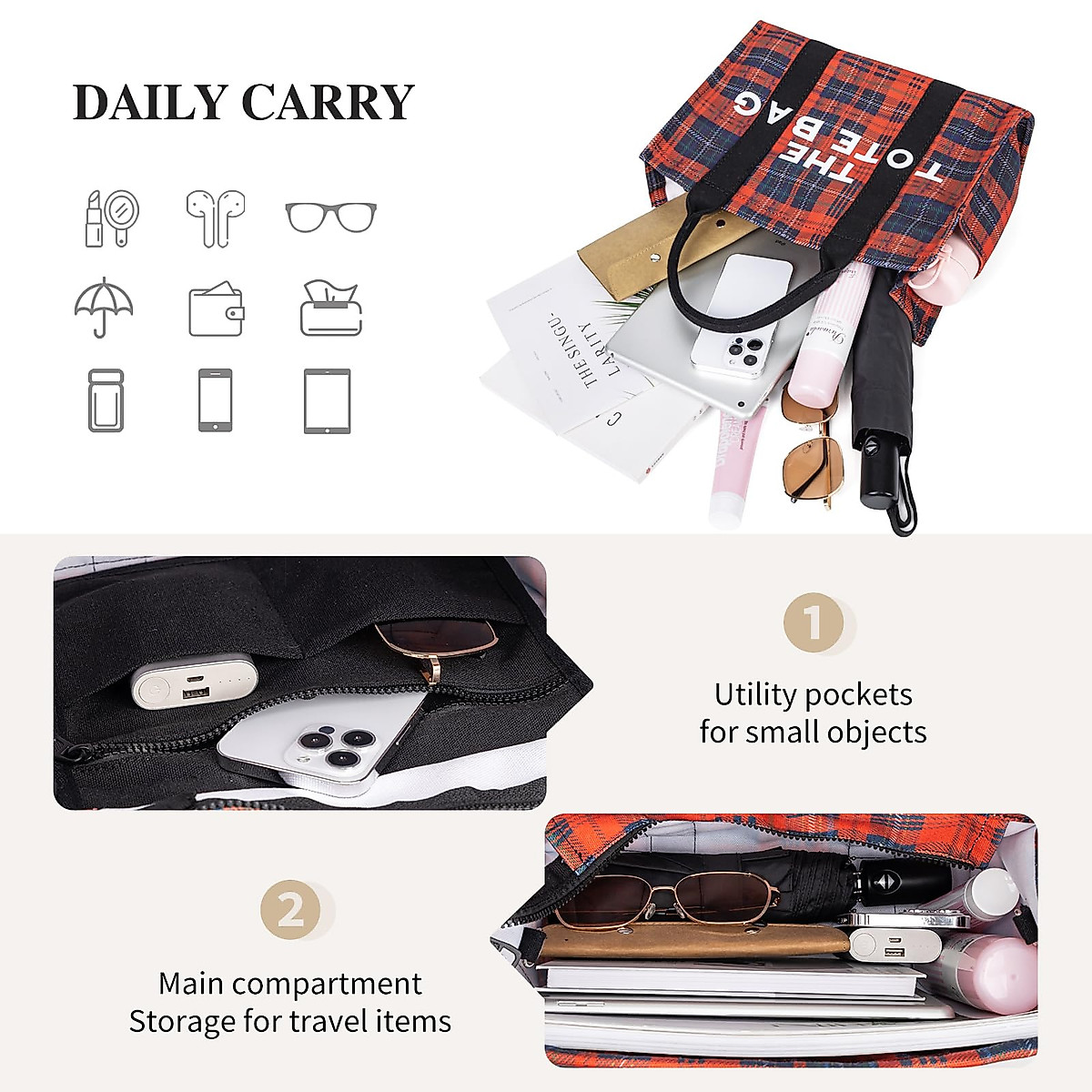 Tote Bag for Women, Canvas Carry-On Shoulder Bag Weekender Bags for Work, Daily Life (Striped Red)