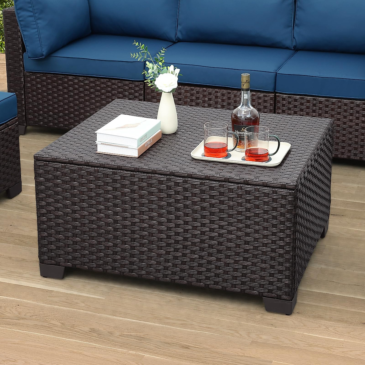 WAROOM Outdoor PE Wicker Coffee Table - Resin Rattan Patio Table Garden Furniture Backyard Storage Table with Waterproof Lining Bag, Brown