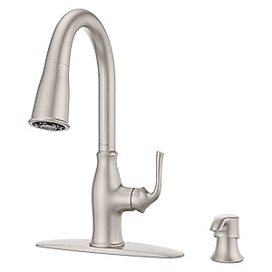 Pfister Rosslyn Kitchen Faucet with Pull Down Sprayer and Soap Dispenser, Single Handle, High Arc, Spot Defense Stainless Steel Finish, F5297RSSRGS