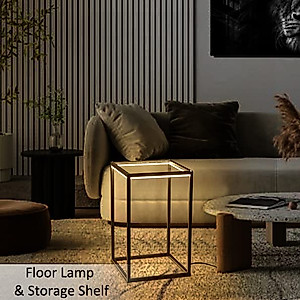 Huaguang LED End Table with Lamp, Bedside Nightstand Coffee Table Decorative Floor Corner Lamp Shelf, Black Geometric Rectangle Metal Desk Lamp Simple Design for Living Bedroom Home Office Study Room