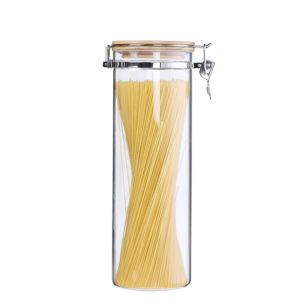 KKC HOME ACCENTS Tall Glass Pasta Storage Container with Hinged Lid,Glass Spaghetti Storage Jar Airtight Lid,Pasta Spaghetti Kitchen Canister,Noodle Holder Container with Bamboo Lid