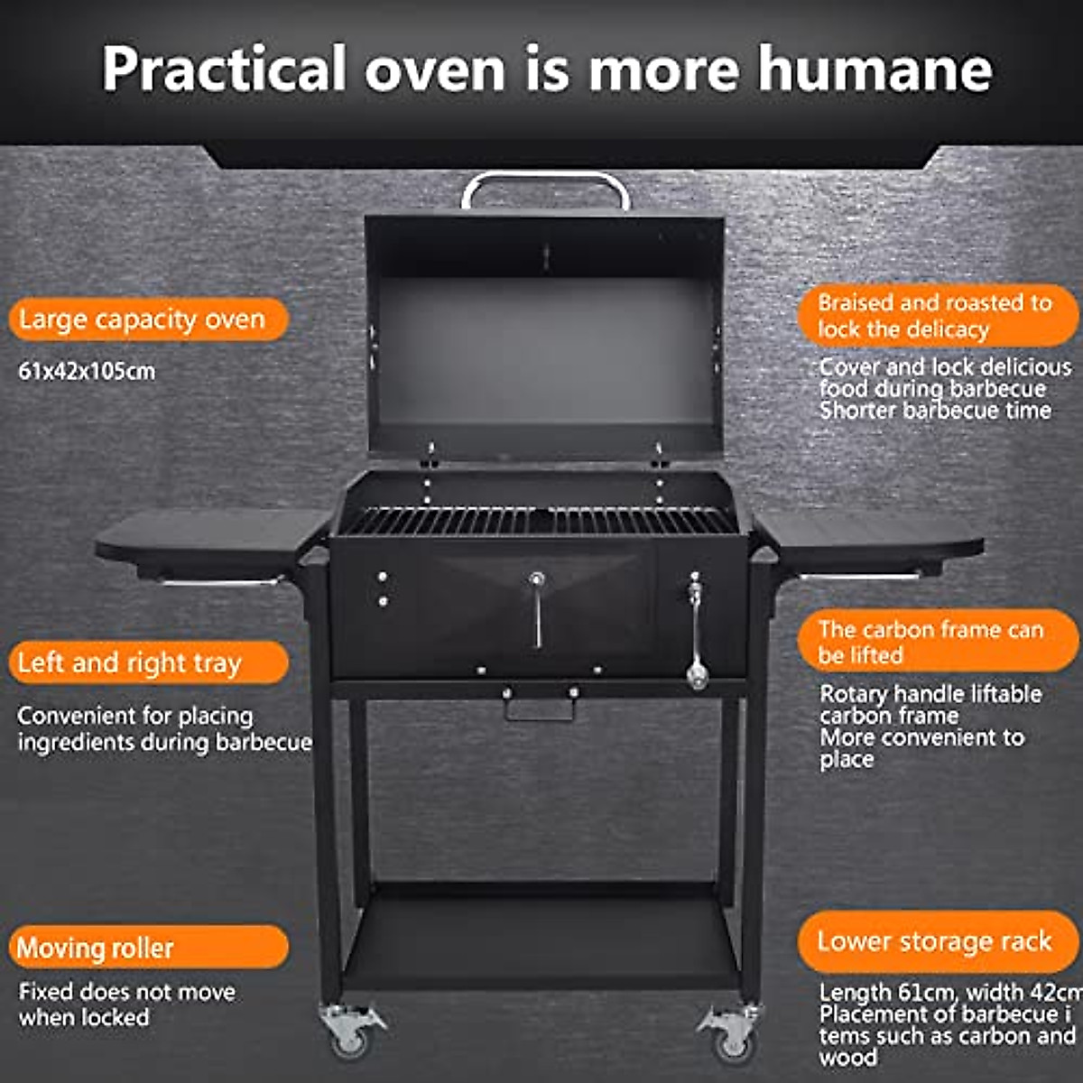 CRYSTAL FIT Charcoal Grills, 24-Inch Charcoal Grill Outdoor Cooking Smoker Backyard Barbeque Griller with Side Trays, Black