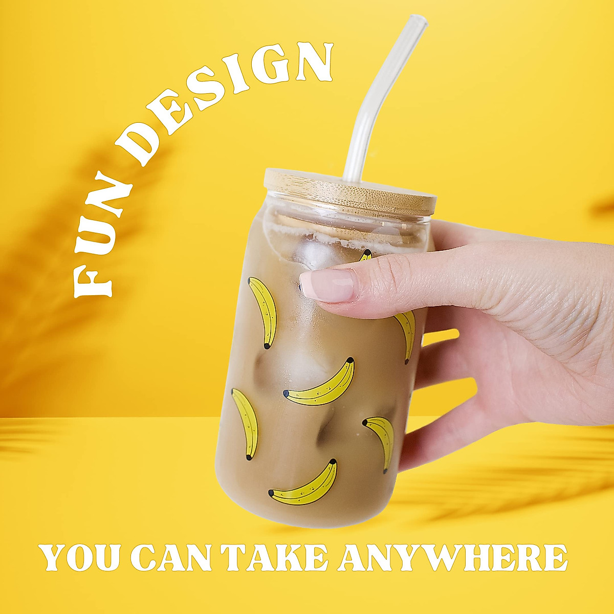 BANANA POP-ART CUP, TUMBLER, ICED COFFEE CUP, BAMBOO LID, GLASS STRAW, 12 OZ DRINKING GLASS, BEER CAN SHAPED GLASS, MASON JAR, BANANA GIFT, BANANA ACCESSORIES, BANANA CUP, ICED TEA, LEMONADE CUP