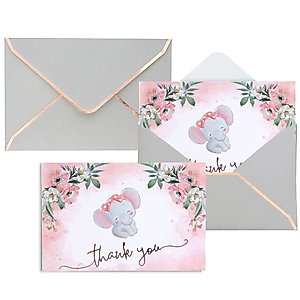 Heavy Duty Baby Shower Cards Girl - 36 Pk - Elephant Cute Thank You Cards with Envelopes Birthday Thank You Notes Pink Floral Watercolor Baby Girls