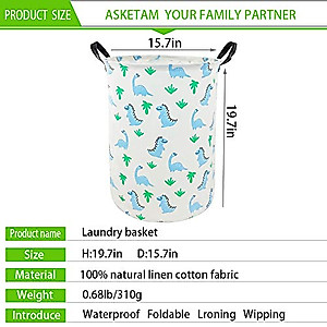 ASKETAM Fabric Laundry Basket Canvas Laundry Hamper for Dirty Clothes Toy Organizer Kid Nursery Room Decor Basket (Blue dinosaur)