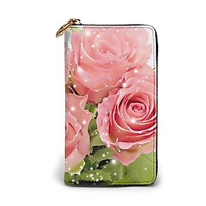 ZHRYMIFE Pink Roses And Heart Women Zip Around Leather Wallet Phone Clutch Travel Credit Card Holder Purse, Black