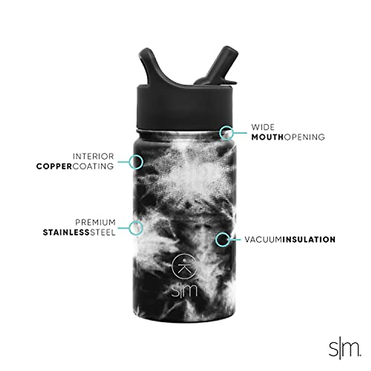 Simple Modern Kids Water Bottle with Straw Lid | Insulated Stainless Steel Reusable Tumbler for Toddlers, Girls, Boys | Summit Collection | 14oz, Black Tie Dye