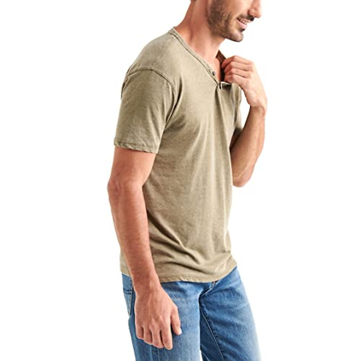 Lucky Brand Men's Venice Burnout Notch Neck Tee Shirt, Dark Olive, Medium