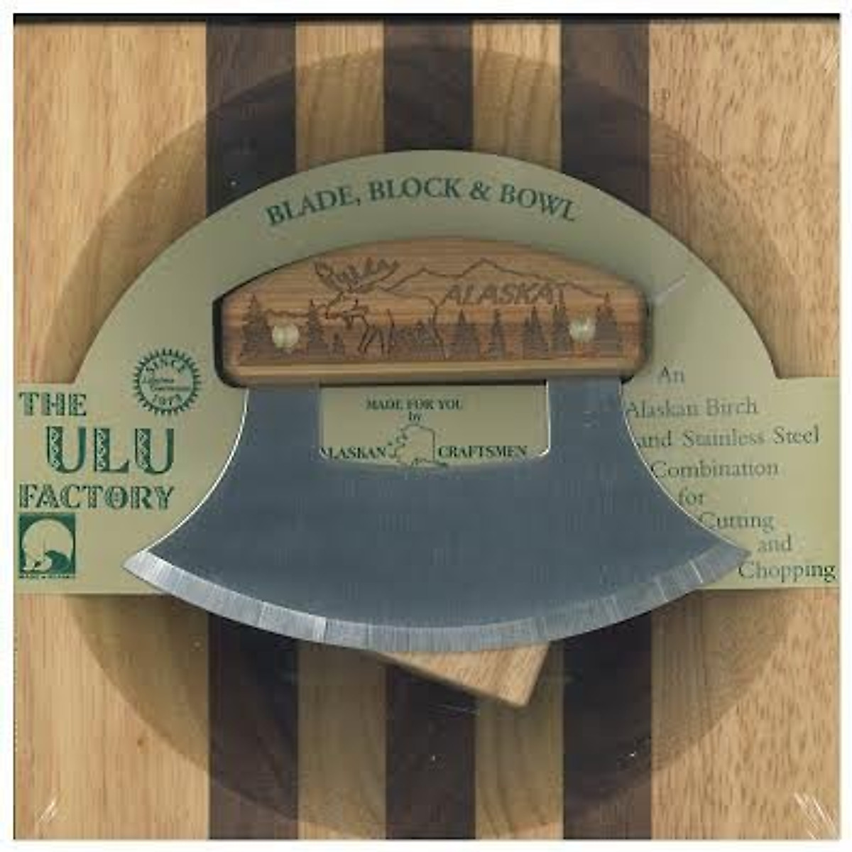 8" Block Ulu Bowl Set Birch Handle Roaming Moose, 6.25" Inupiat Blade