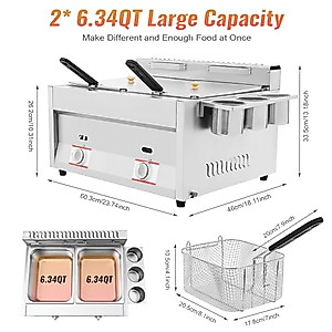 Deep Fryer Electric Deep Fat Fryers with 2 Baskets Commercial Countertop LPG Gas Fryer with Lid Stainless Steel 6L*2 Deep Fryer for French Fries Turkey Donuts Restaurant Home Kitchen