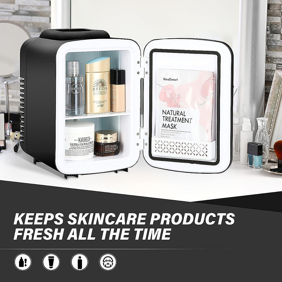 HealSmart Portable Mini Fridge, 4 Liter 6 Can Cooler and Warmer Compact Refrigerators 100% Freon-Free & Eco Friendly for Drinks, Food, Medications, 4L, Black