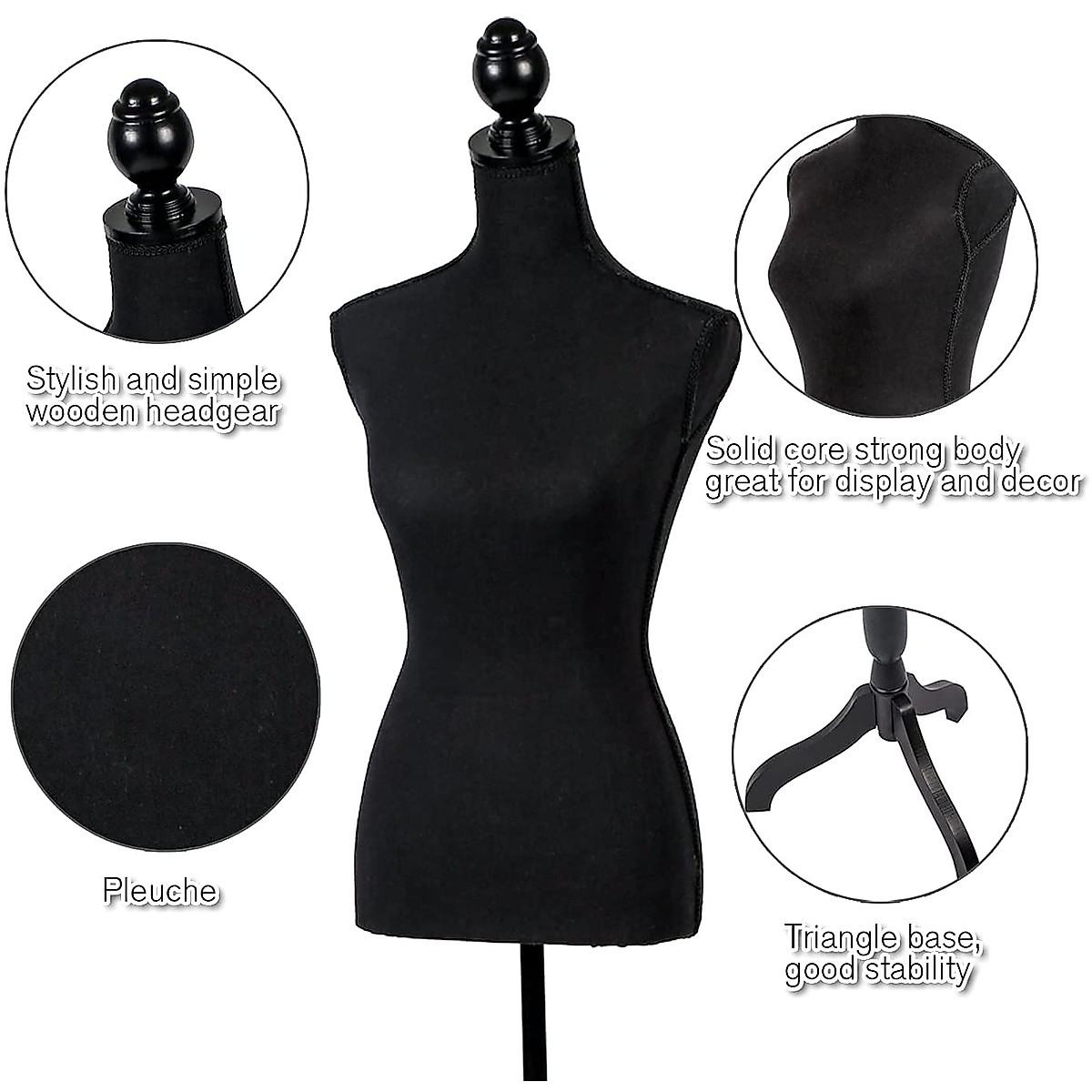Hkeli Mannequin Torso Female Dress Form Standing Manikin Body Dress 60-67 Inch with Tripod Stand Height Adjustable Woman Body Torso for Sewing Dress Jewelry Display Women, Black