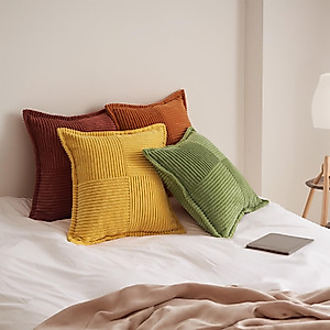 Topfinel Burnt Orange Fall Decorative Throw pillows covers 18x18 Inch Set of 4,Rustic Corduroy Striped Splicing Yellow Green Orange Pillowcase Home Decor,Square Cushion Covers for Couch Sofa Bed