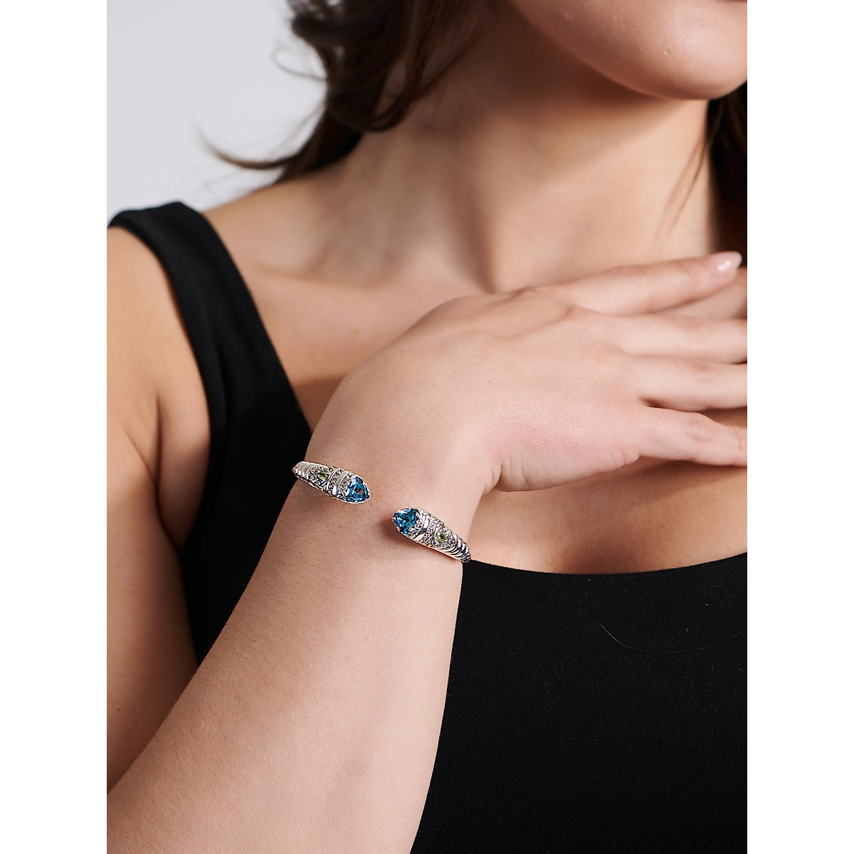 DEVATA Sterling Silver 925 and 18K Gold with Citrine and Peridot Bali Filigree Cuff Bracelet DHK3586CT (Size M)