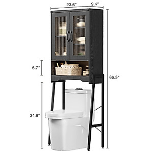 Over The Toilet Storage Cabinet with Tempered Glass Doors & Adjustable Shelf, Bathroom Organizer with Metal Stand Space Saver Over Toilet , Tall Freestanding Shelf/Rack for Bathroom, Black