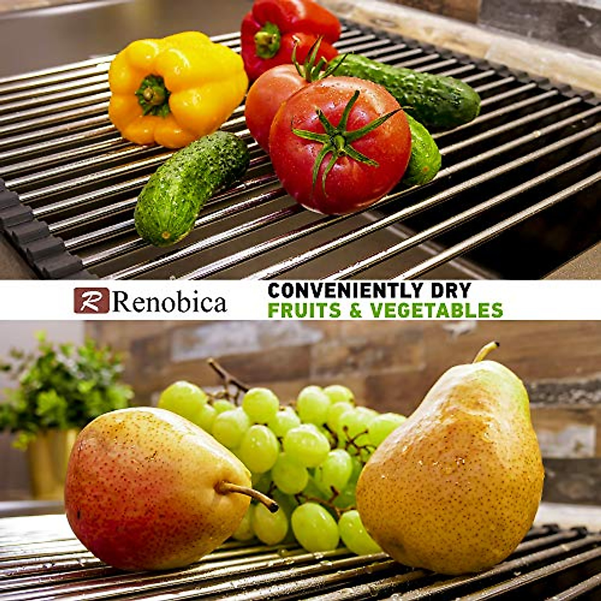 RENOBICA Roll Up Dish Drying Rack 21" x 16" - Over The Sink for Kitchen Counter, Foldable SUS304 Stainless Steel Dish Drying Rack for Cups, Utensils, Fruits, Vegetables