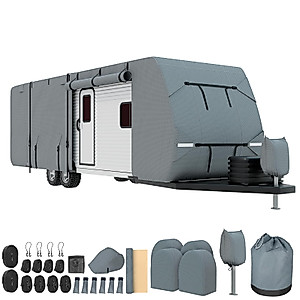 Mofeez Travel Trailer RV Cover, Extra-Thick Upgraded 5 Layers for Camper Cover 24'-27' Windproof Waterproof Rip-Stop RV Covers with Adhesive Repair Patches, 2Pcs Extra Straps & 4 Tire Covers